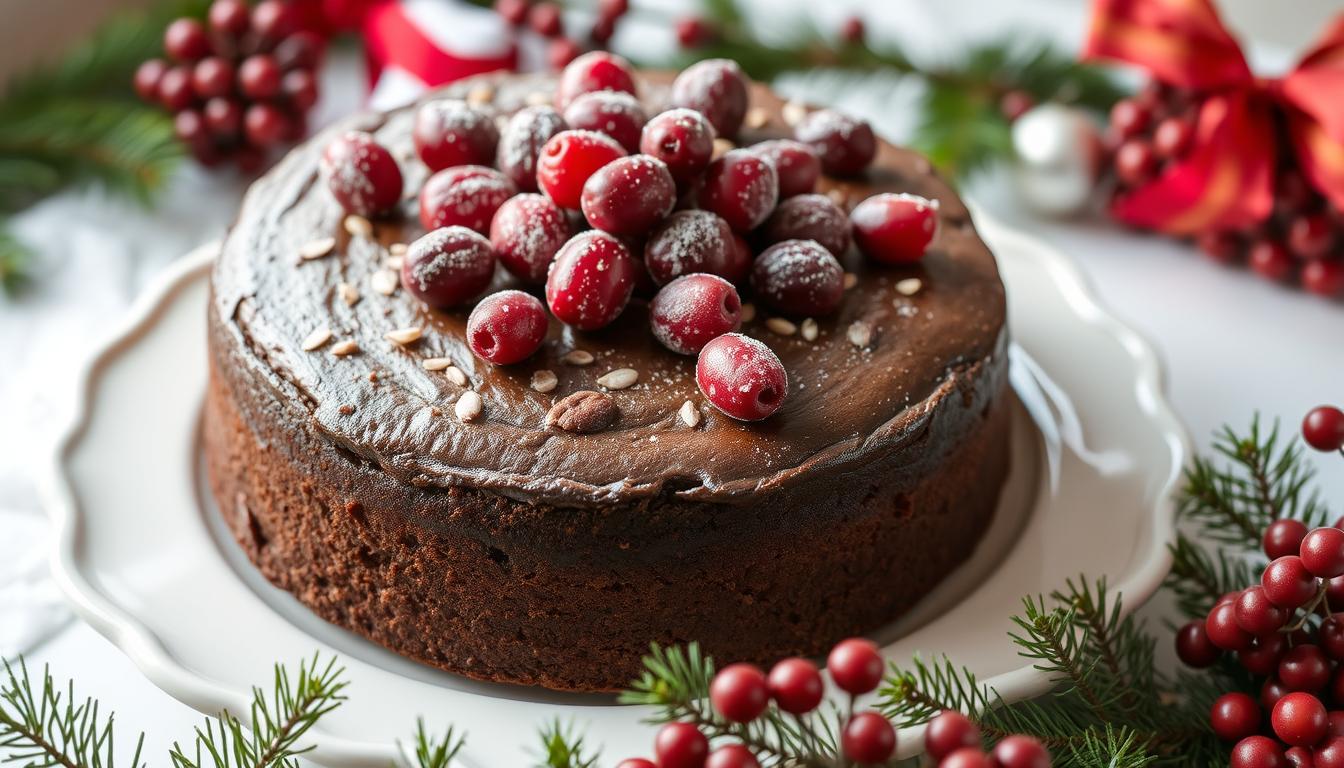 Chocolate Almond Cake with Sugared Cranberries Recipe